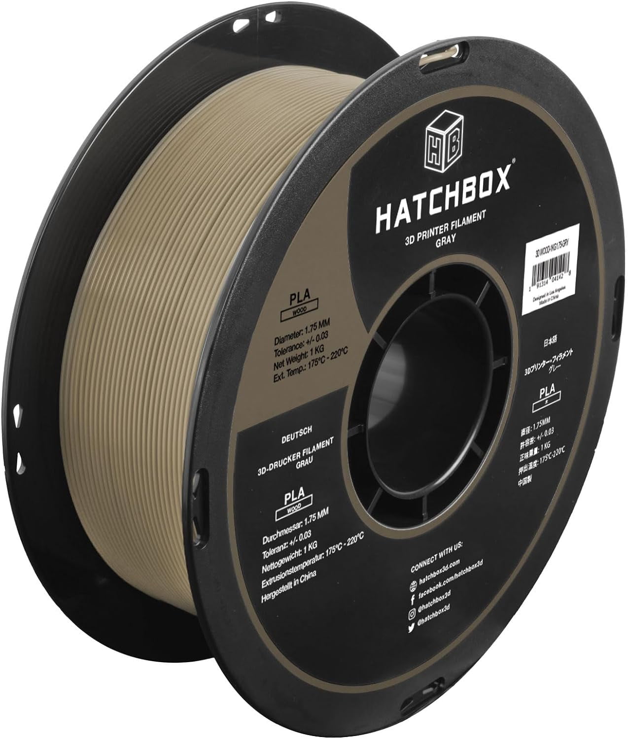 HATCHBOX 1.75mm Gray Wood PLA 3D Printer Filament, 1 KG Spool ...