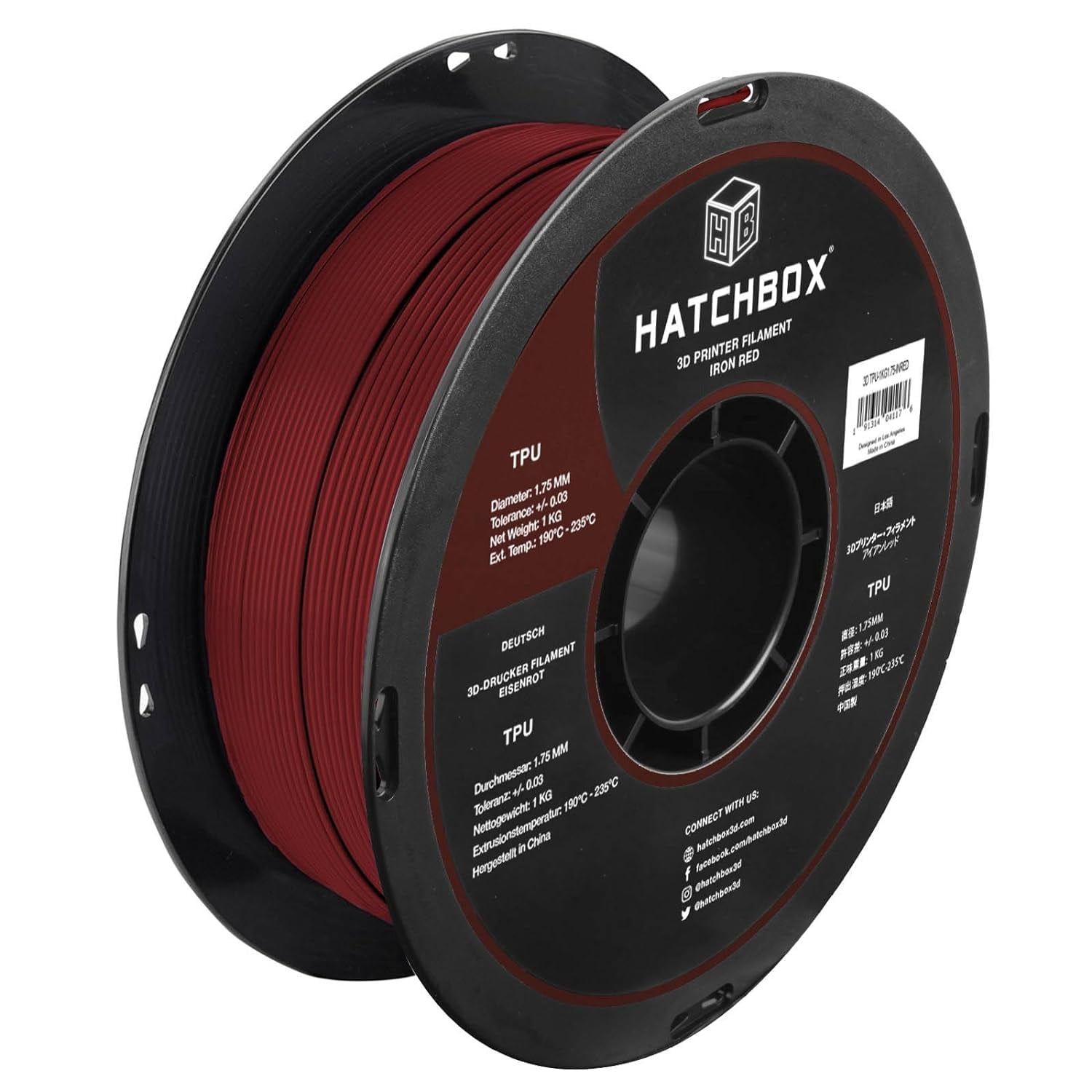 HATCHBOX 1.75mm Iron Red TPU 3D Printer Filament Shore 95A, 1 KG Spool ...