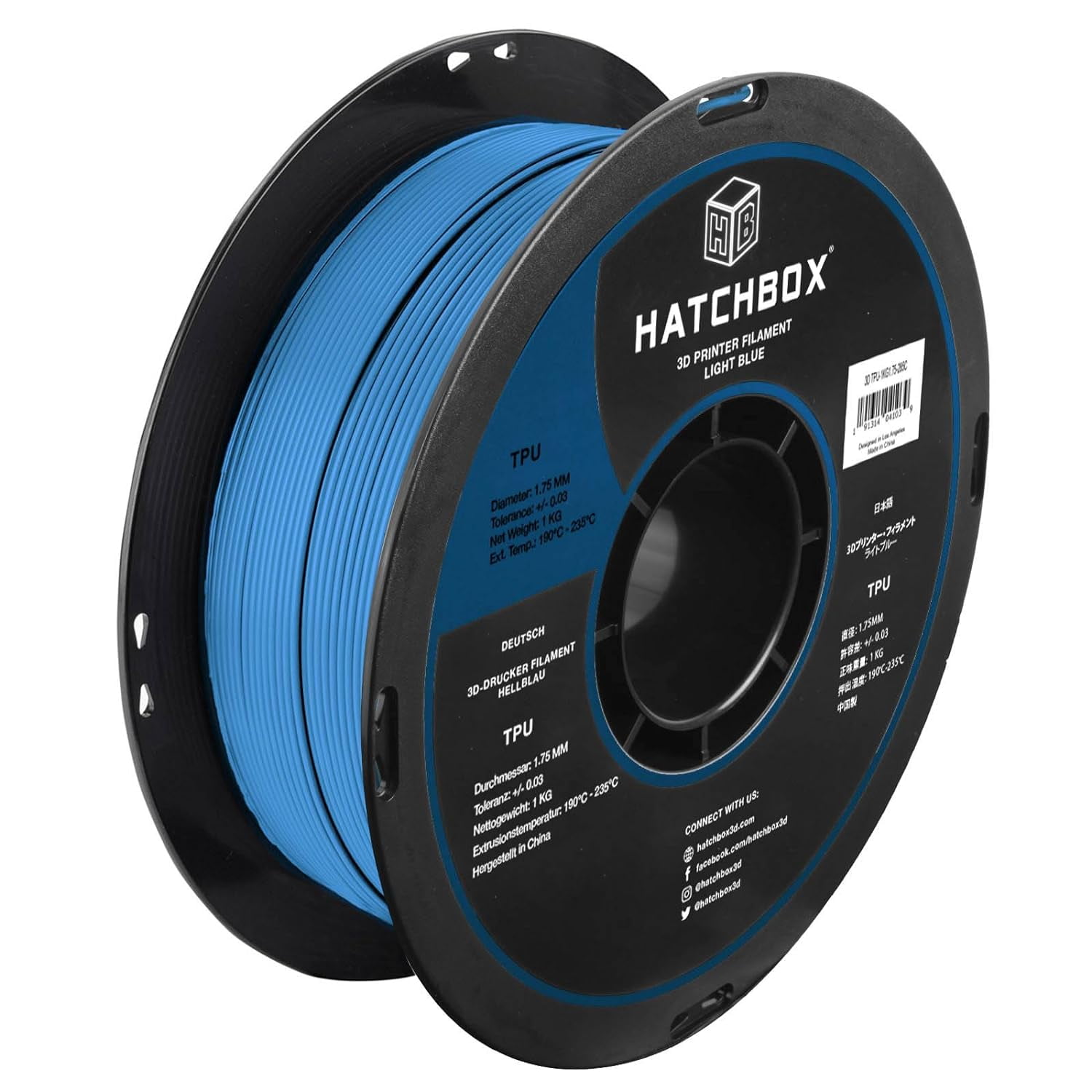 HATCHBOX 1.75mm Light Blue TPU 3D Printer Filament Shore 95A, 1 KG ...
