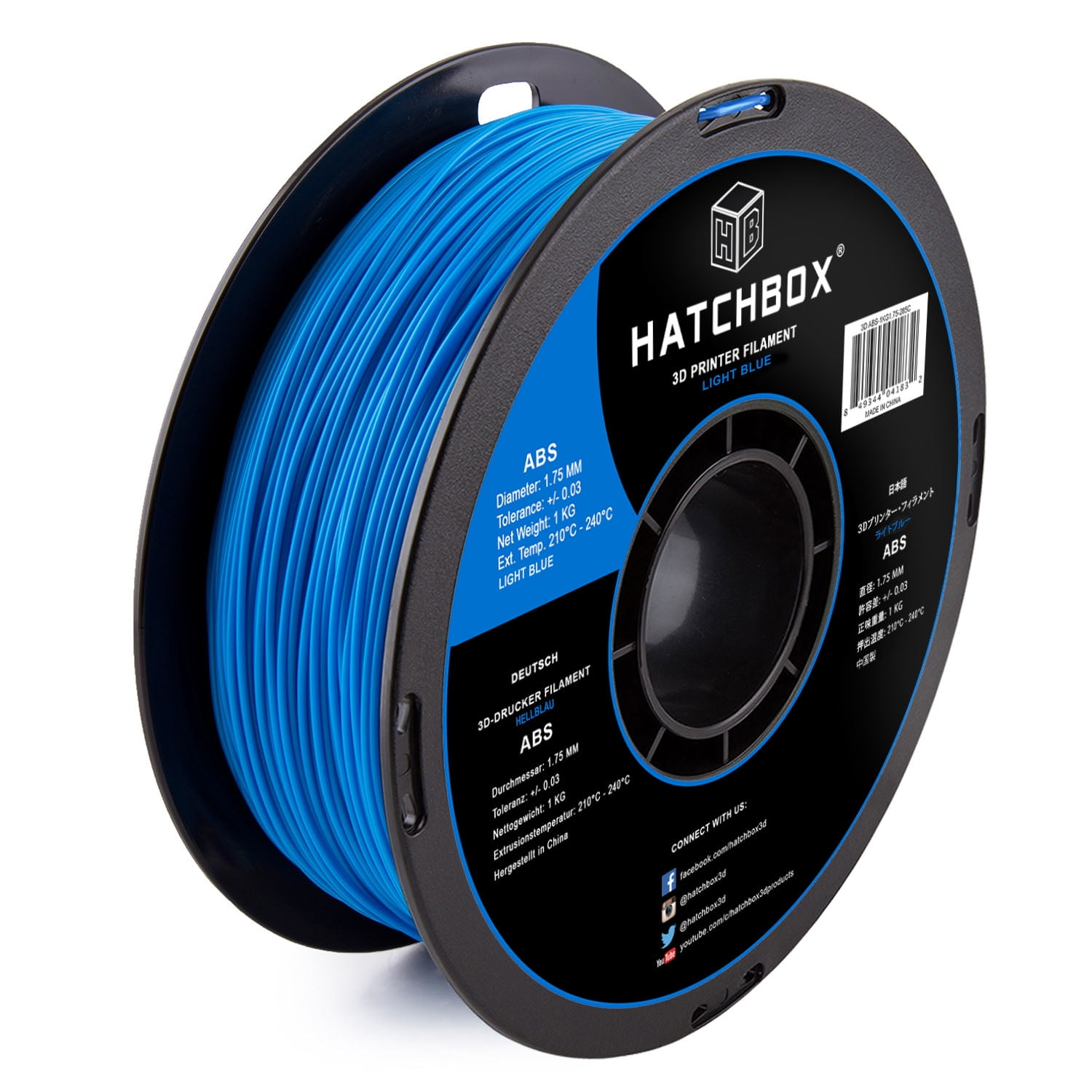 HATCHBOX ABS 3D Printer Filament, 1.75mm, Light Blue, 1kg Spool ...