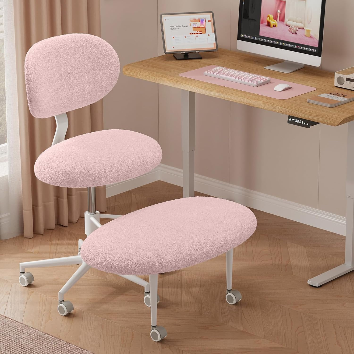 HAUNG Ergonomic Cross Legged Chair, Teddy Fabric, Wheels, Height ...