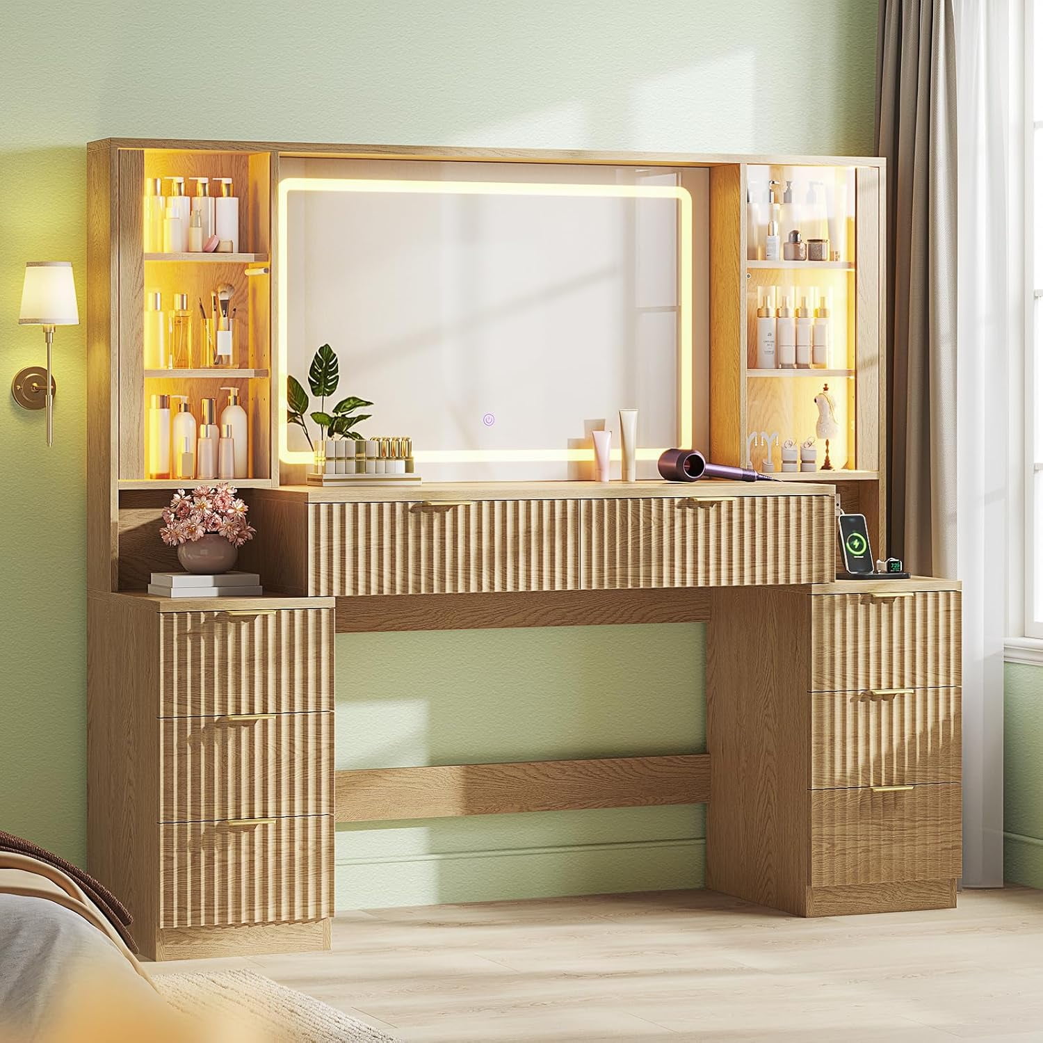 HAUOMS Big Vanity, Fluted Wood Makeup Vanity Desk with Mirror and Sound ...