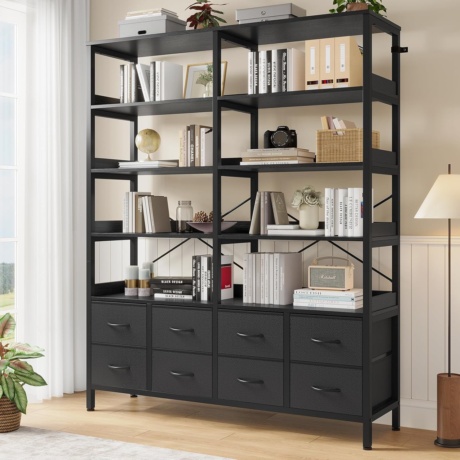 HAUOMS Bookshelf with 8 Fabric Drawers, 7-Tier Bookcase with Baffles ...