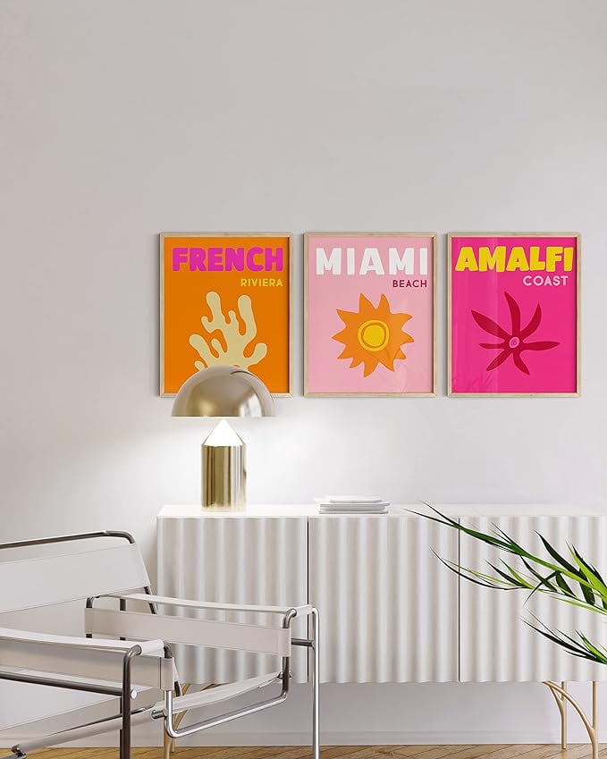 HAUS AND HUES Preppy Wall Art - Set of 3 Colorful Framed Art, Travel ...