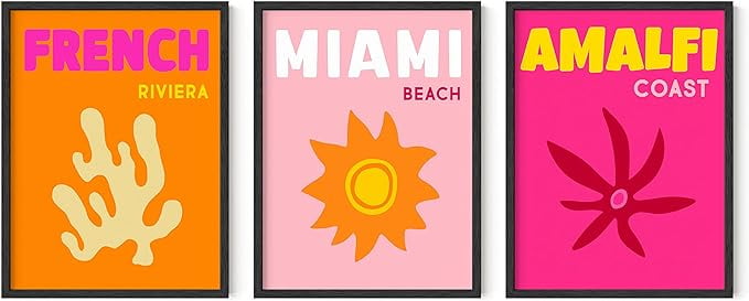 HAUS AND HUES Preppy Wall Art - Set of 3 Colorful Framed Art, Travel ...