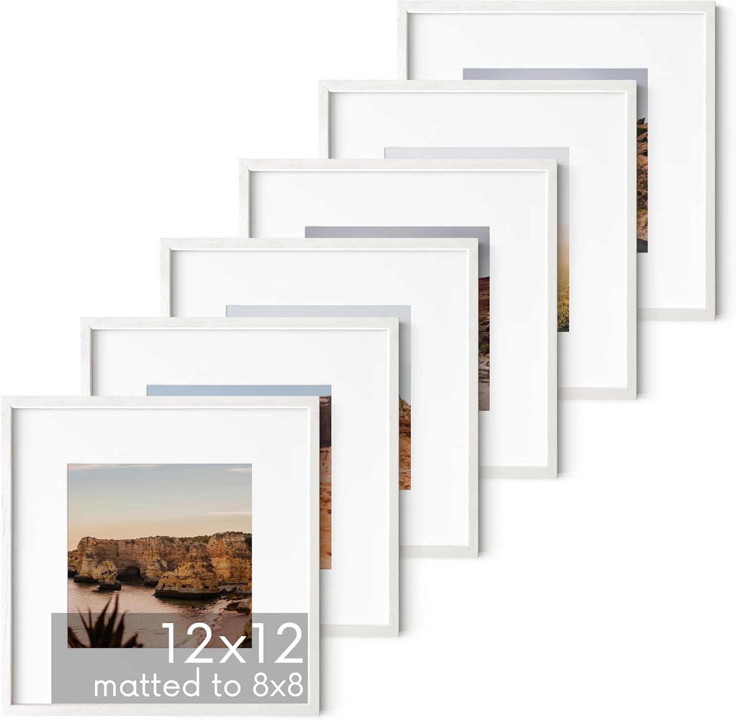 HAUS AND HUES Solid Oak Wood 12”x12” Picture Frames Matted to 8”x8” Set of 6 - White Picture ...
