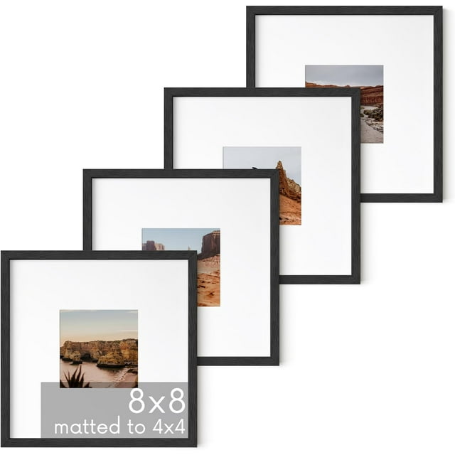 HAUS AND HUES Solid Oak Wood 8”x8” Picture Frames Matted to 4”x4” Set of 4 - Square Black ...