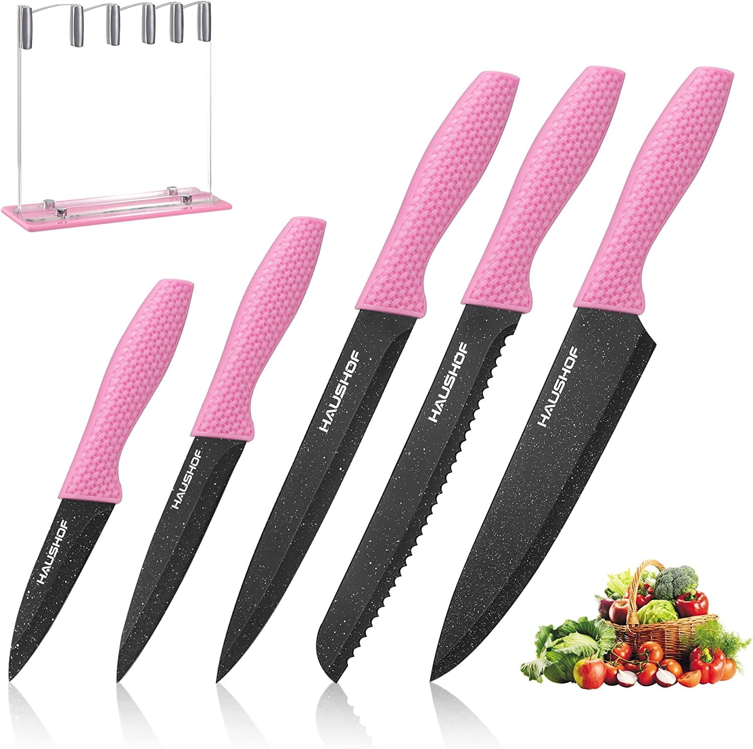 HAUSHOF 5-Piece Kitchen Knife Set with Stand, Ergonomic Handle ...