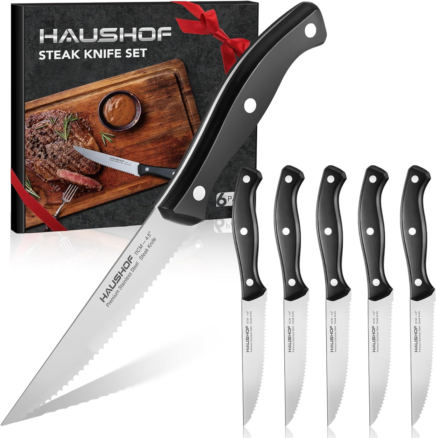 HAUSHOF Steak Knives Set of 6, Premium Stainless Steel Serrated Steak ...