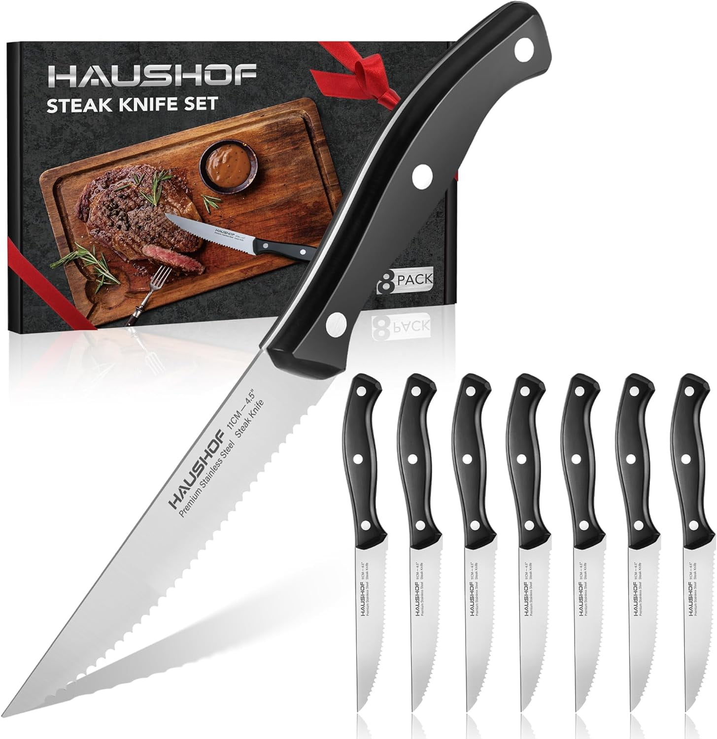 HAUSHOF Steak Knives Set of 8, Premium Stainless Steel Serrated Steak Knife Set with Gift Box ...