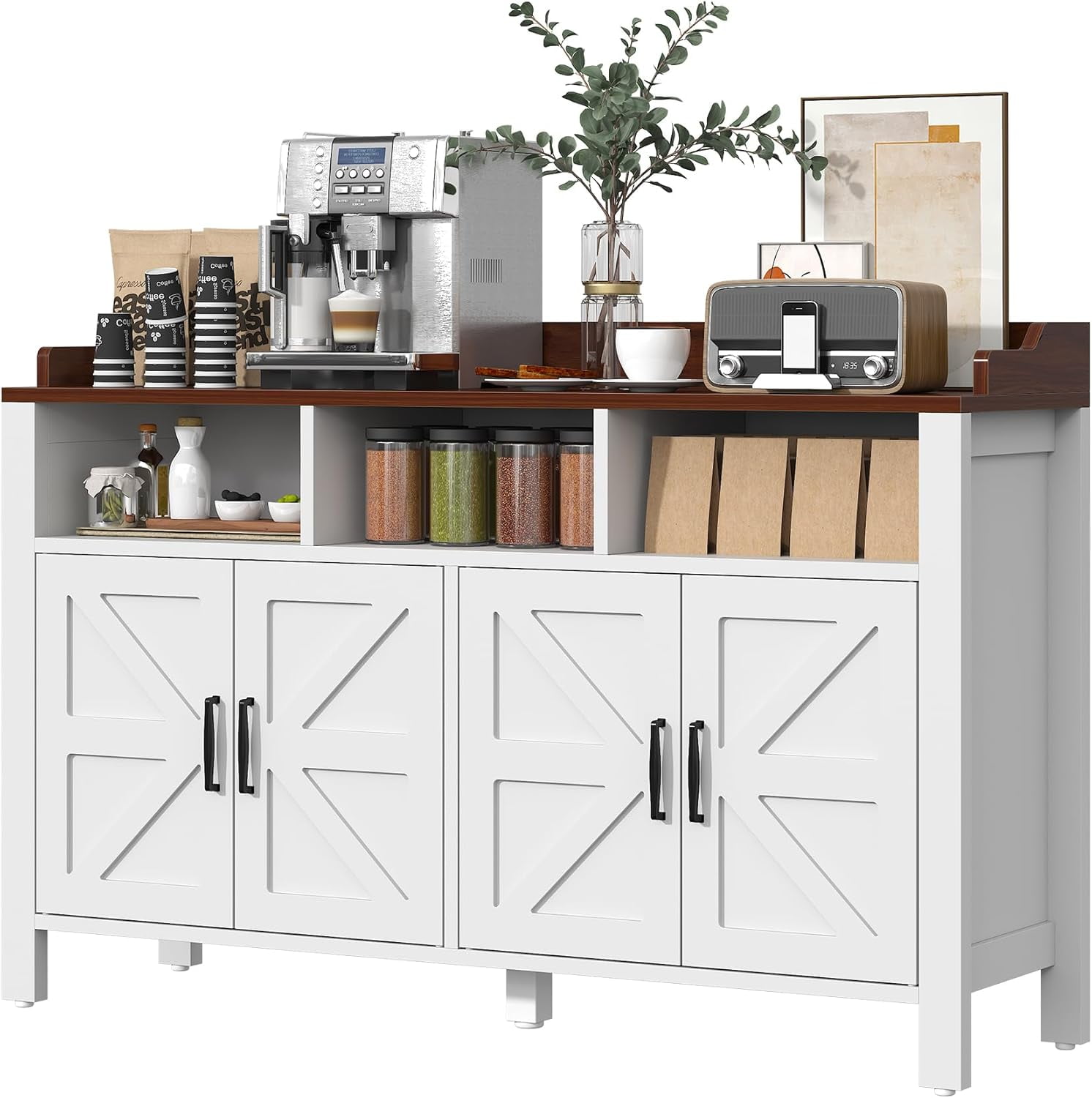 HAUXITIO 55" Farmhouse Buffet Cabinet with 4 Doors & Open Shelves ...