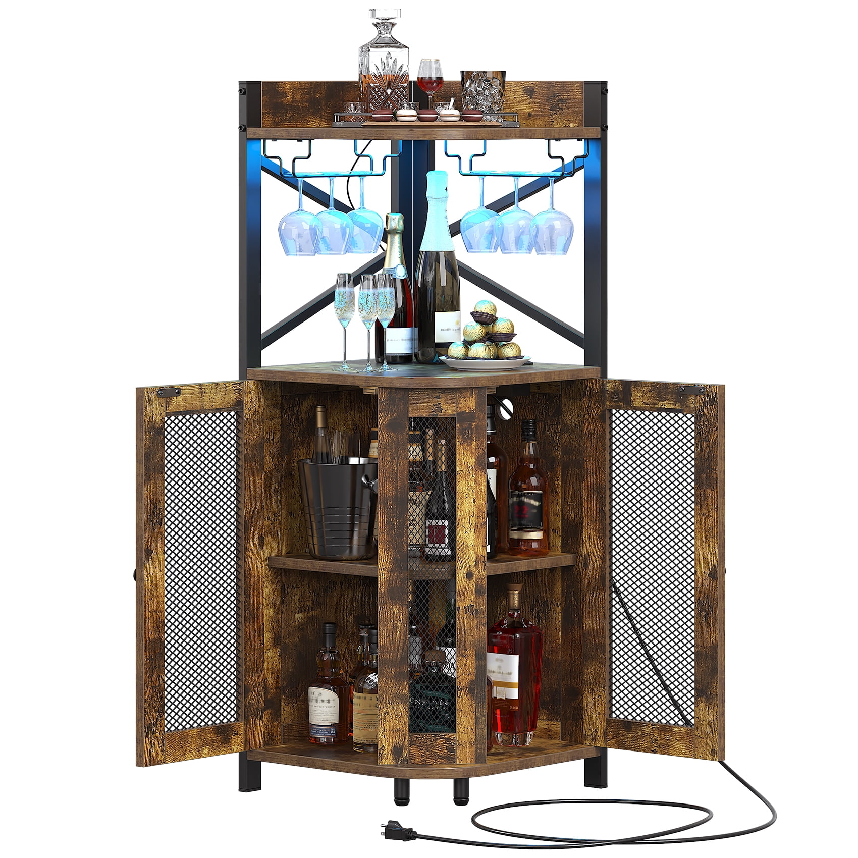 HAUXITIO 61" Corner Bar Cabinet with Power Outlet & LED Light ...