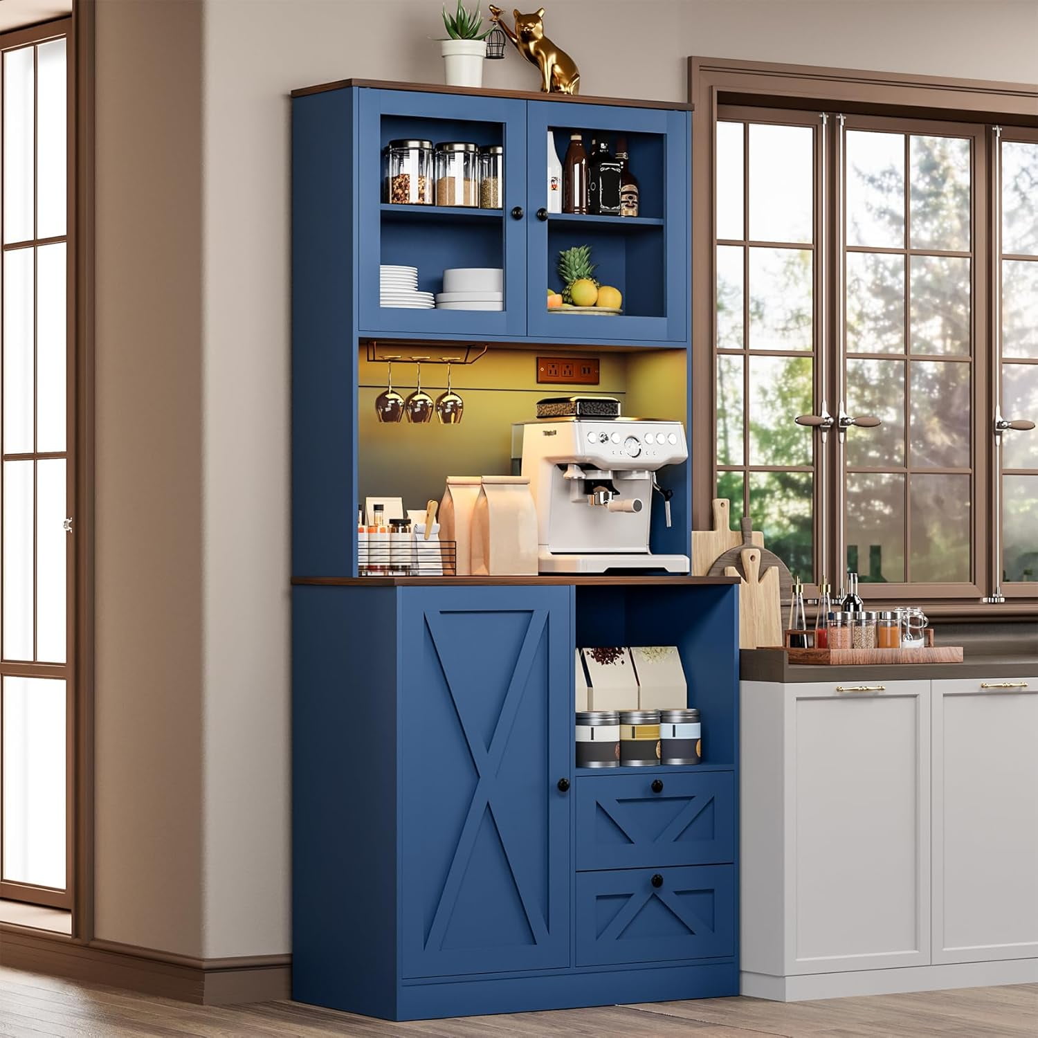 HAUXITIO 71" Farmhouse Kitchen Pantry with LED Lights & Power Outlet ...