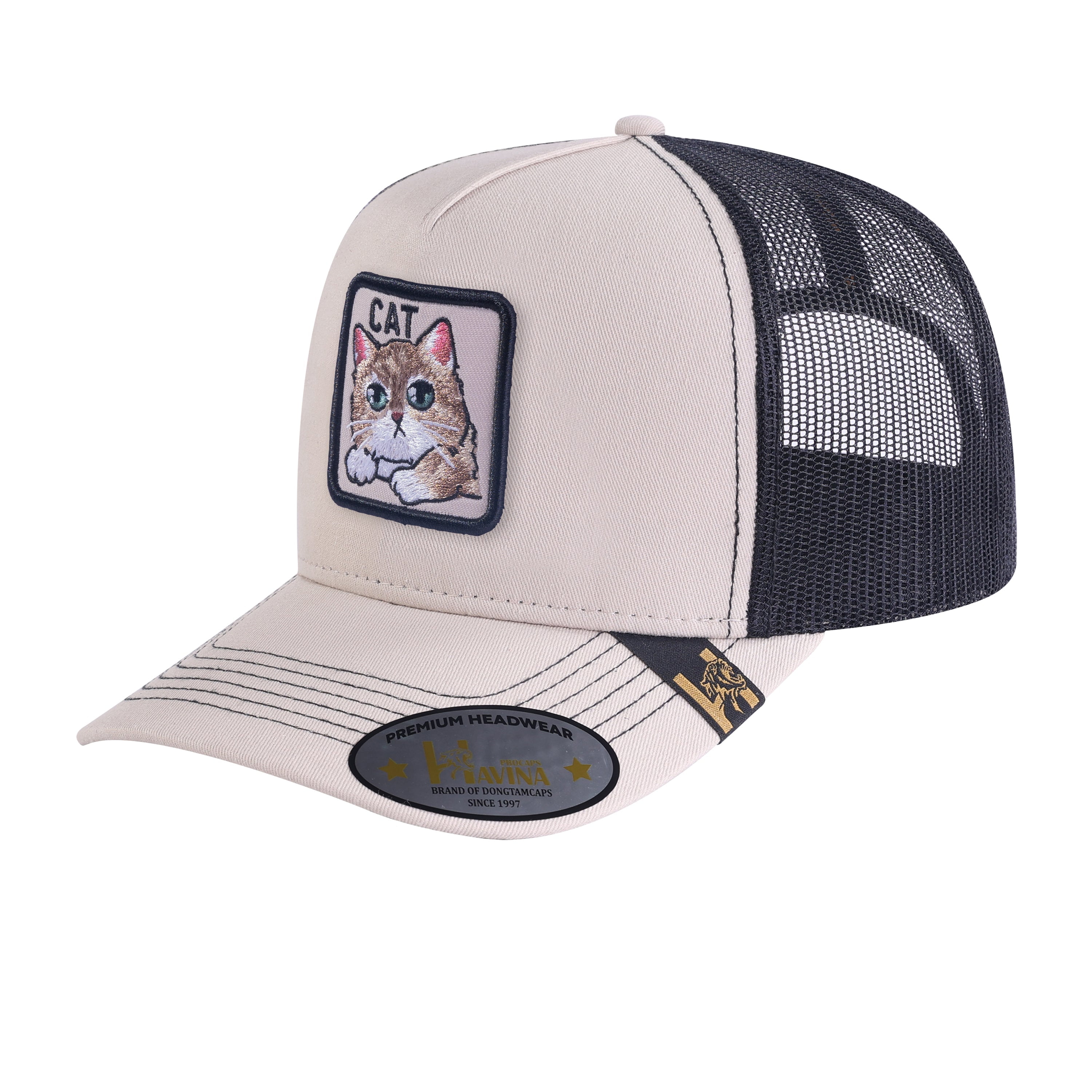 HAVINA PRO CAPS - Embroidered The Cat - 5 Panel Trucker Hat - Beige ...