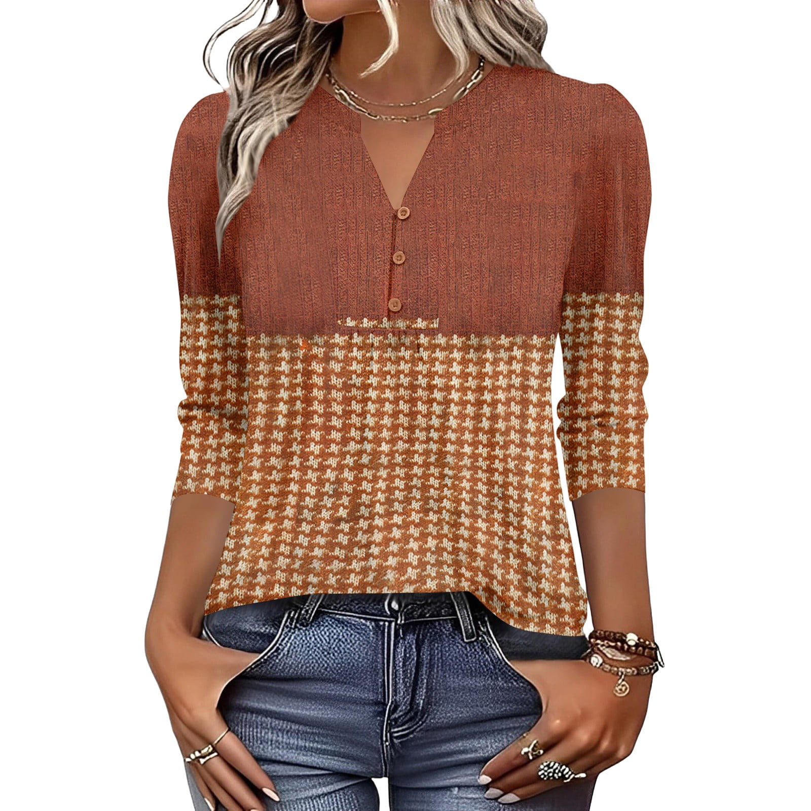 HAVUITYY 3/4 Sleeve Blouses for Women, Vintage Geometric Stripe Print V ...