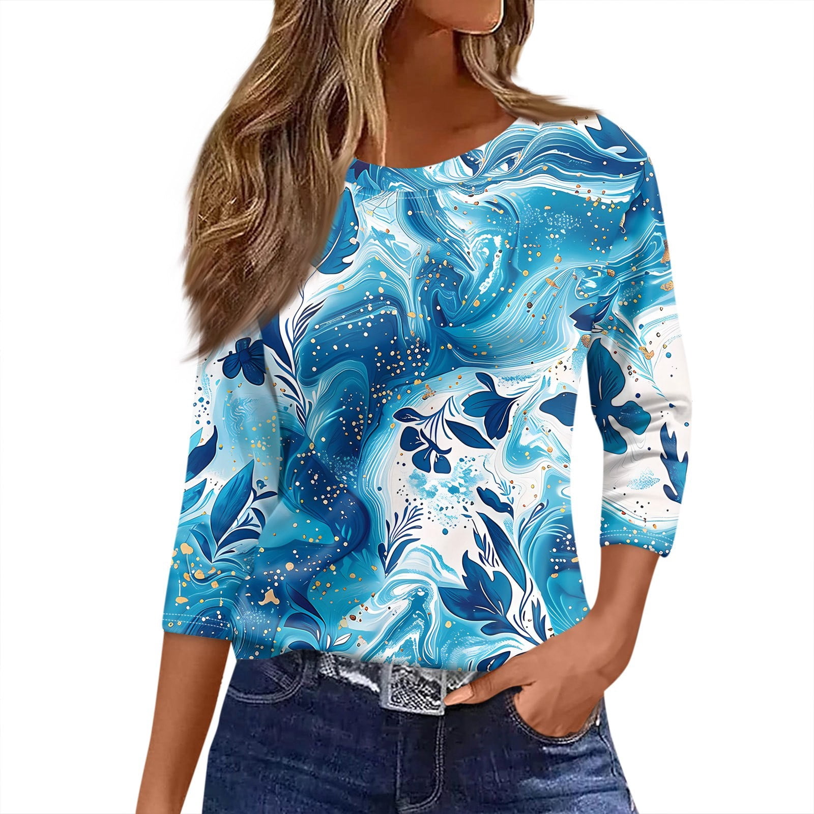 HAVUITYY 3/4 Sleeve Blouses for Womens, Basic Round Neck Vintage Floral ...