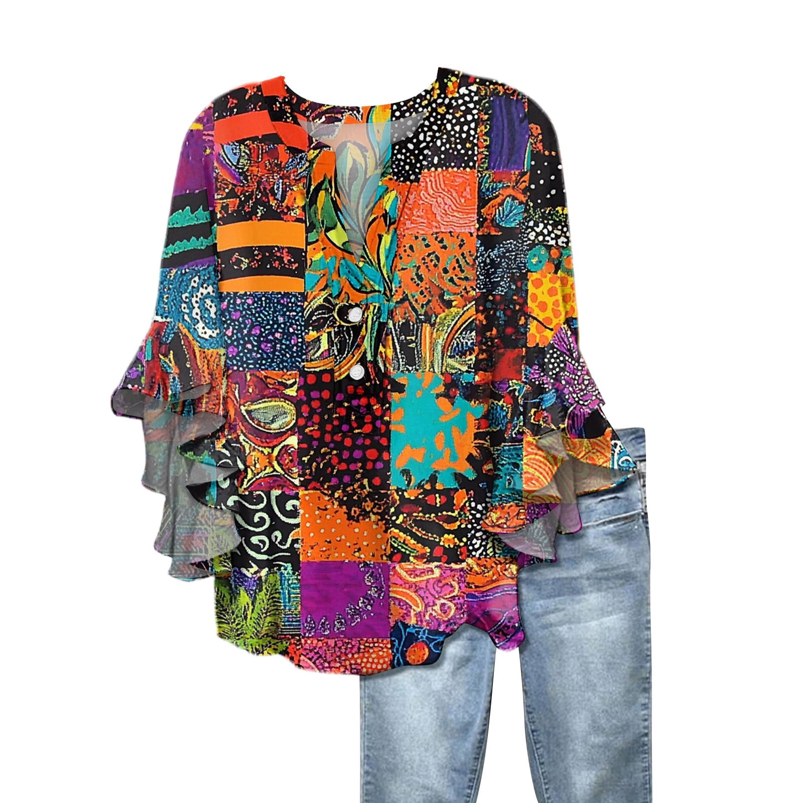 HAVUITYY 3/4 Sleeve Blouses for Womens, V Neck Ruffle Floral Print ...