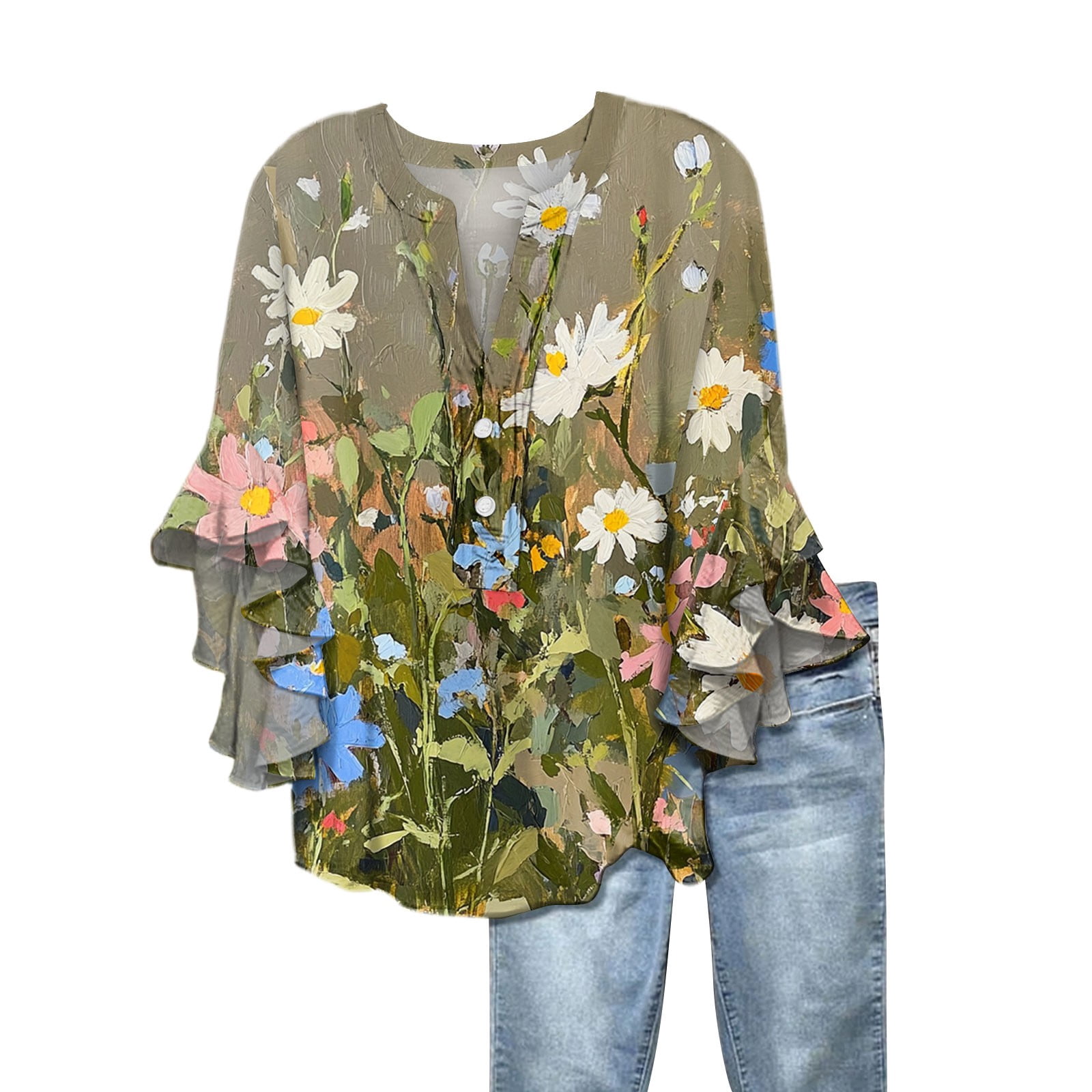 HAVUITYY 3/4 Sleeve Blouses for Womens, V Neck Ruffle Floral Print ...