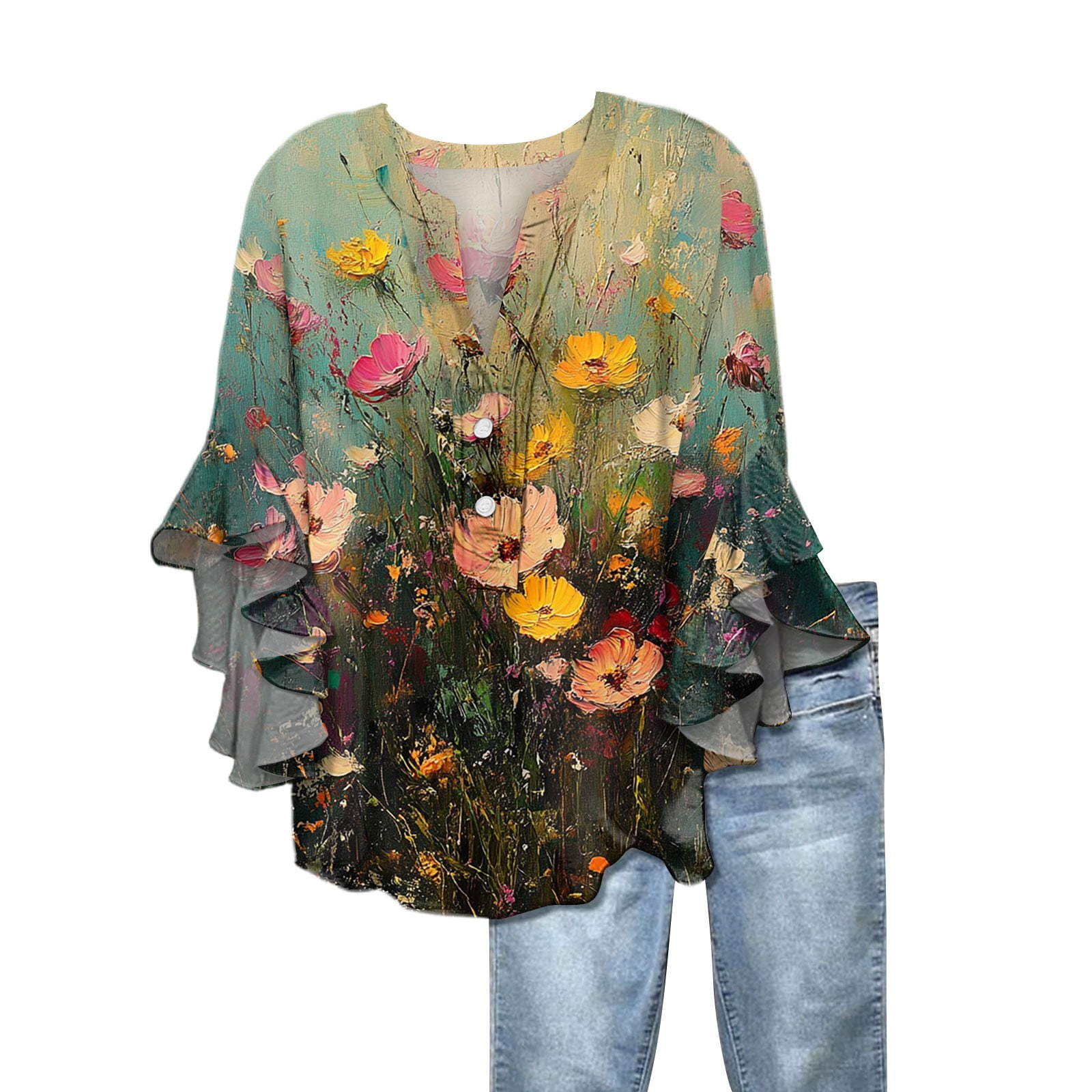 HAVUITYY 3/4 Sleeve Blouses for Womens, V Neck Ruffle Floral Print ...