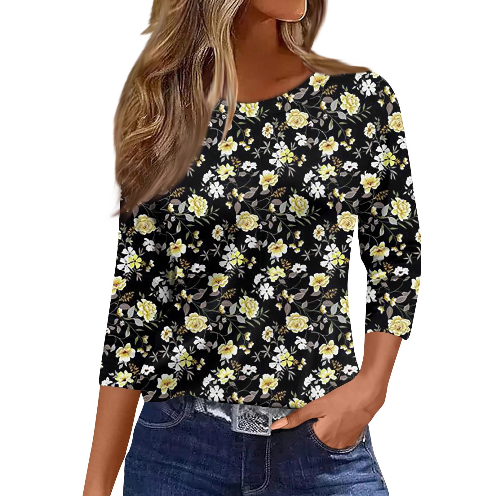 HAVUITYY 3/4 Sleeve Blouses for Womens, Vintage Geometric Stripe Print ...
