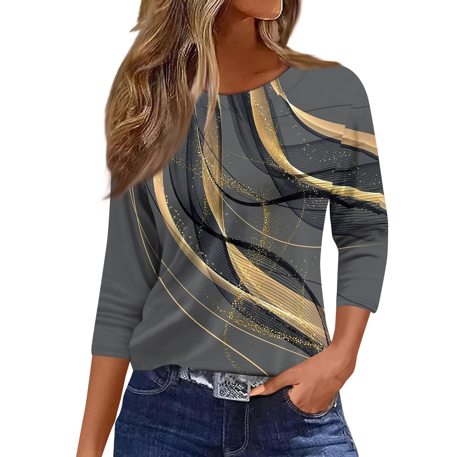 HAVUITYY 3/4 Sleeve Blouses for Womens, Vintage Geometric Stripe Print ...
