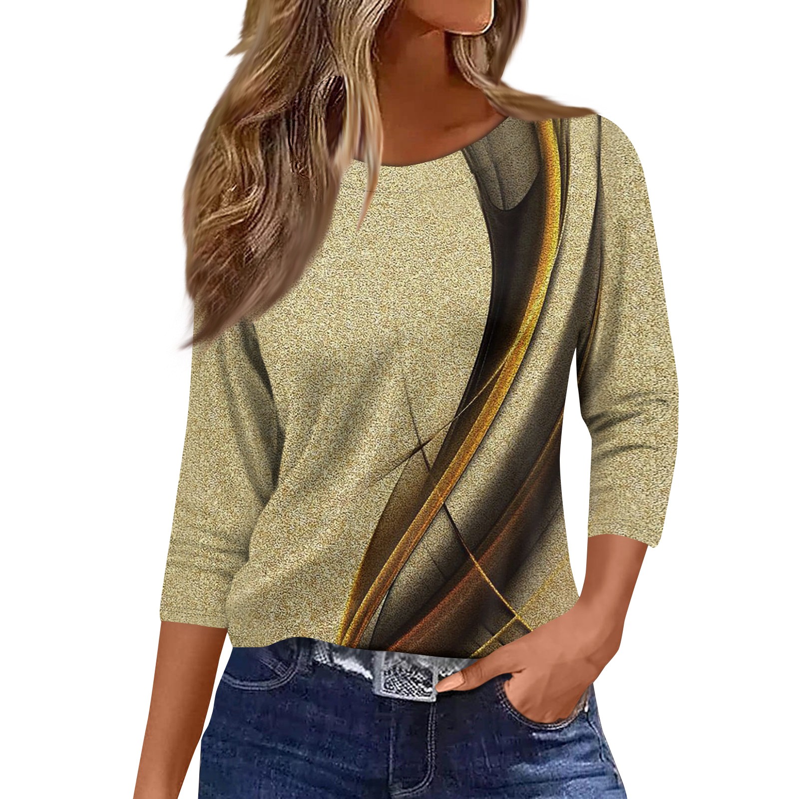 HAVUITYY 3/4 Sleeve Blouses for Womens, Vintage Geometric Stripe Print ...