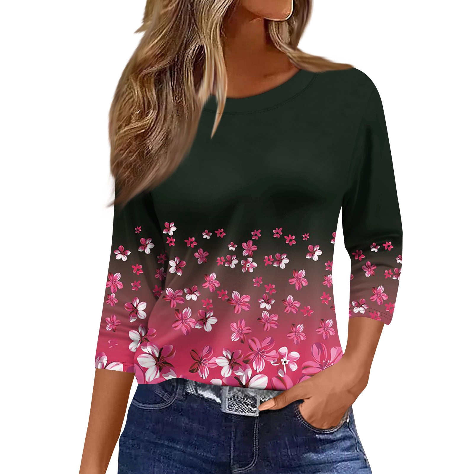 HAVUITYY 3/4 Sleeve Blouses for Womens, Vintage Geometric Stripe Print ...