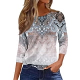 HAVUITYY 3/4 Sleeve Blouses for Womens, Vintage Geometric Stripe Print ...