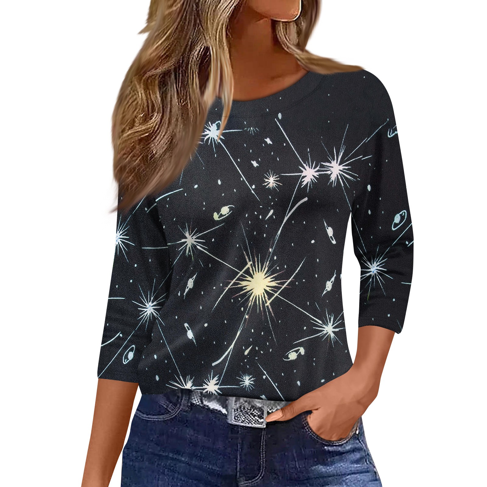 HAVUITYY 3/4 Sleeve Blouses for Womens, Vintage Geometric Stripe Print ...