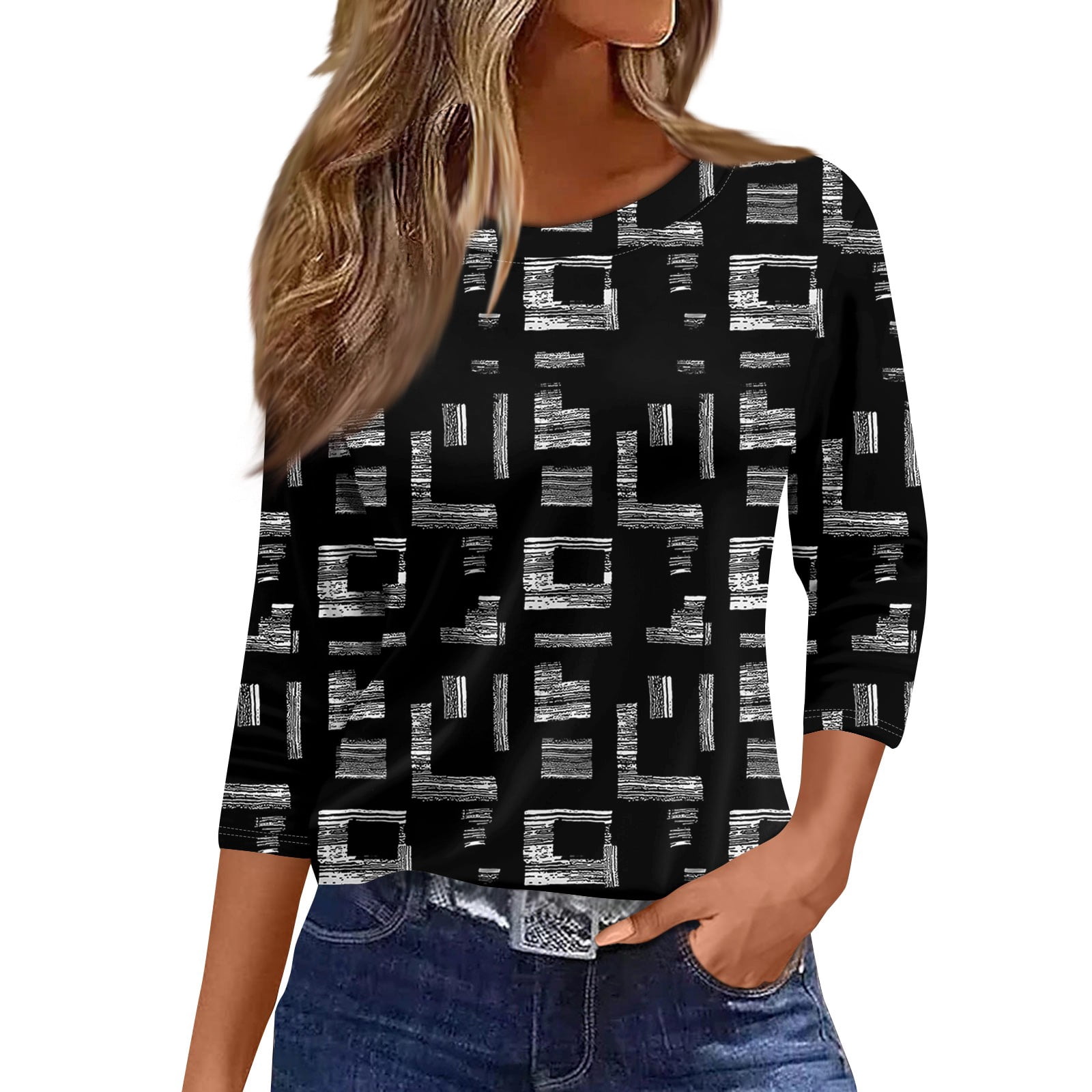HAVUITYY 3/4 Sleeve Blouses for Womens, Vintage Geometric Stripe Print ...