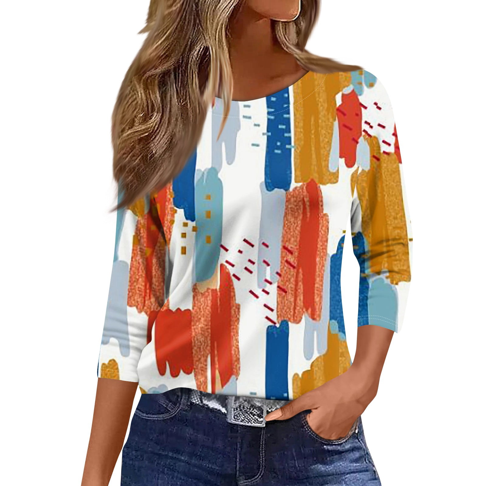 HAVUITYY 3/4 Sleeve Blouses for Womens, Vintage Geometric Stripe Print ...