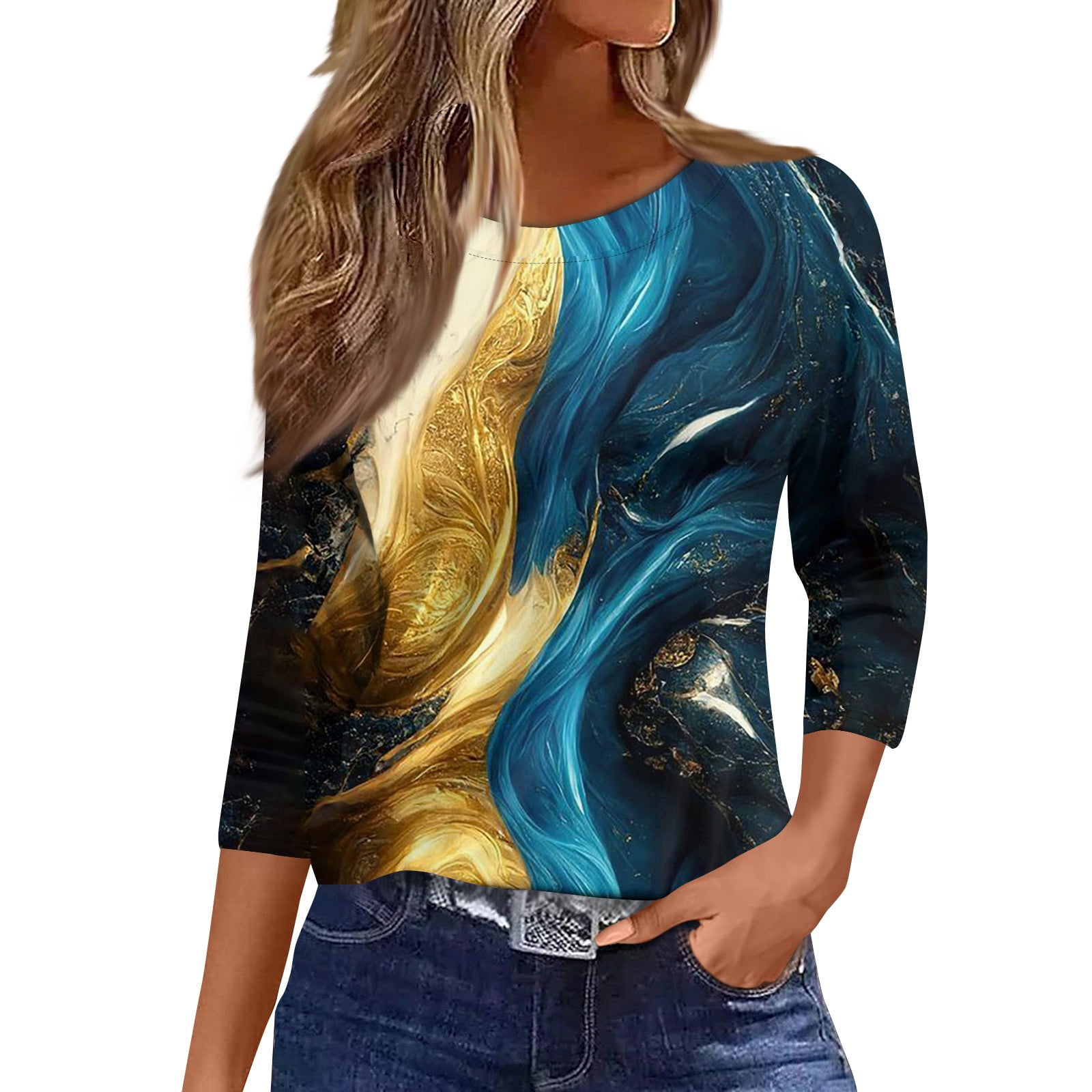 HAVUITYY 3/4 Sleeve Blouses for Womens, Vintage Geometric Stripe Print ...