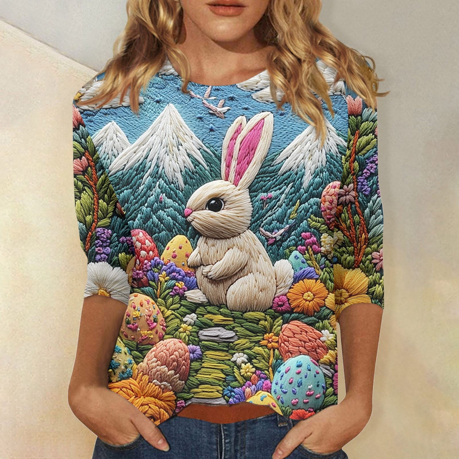 HAVUITYY Easter Printed Women's Sweaters, 3/106 Sleeve Crew Neck Womens ...