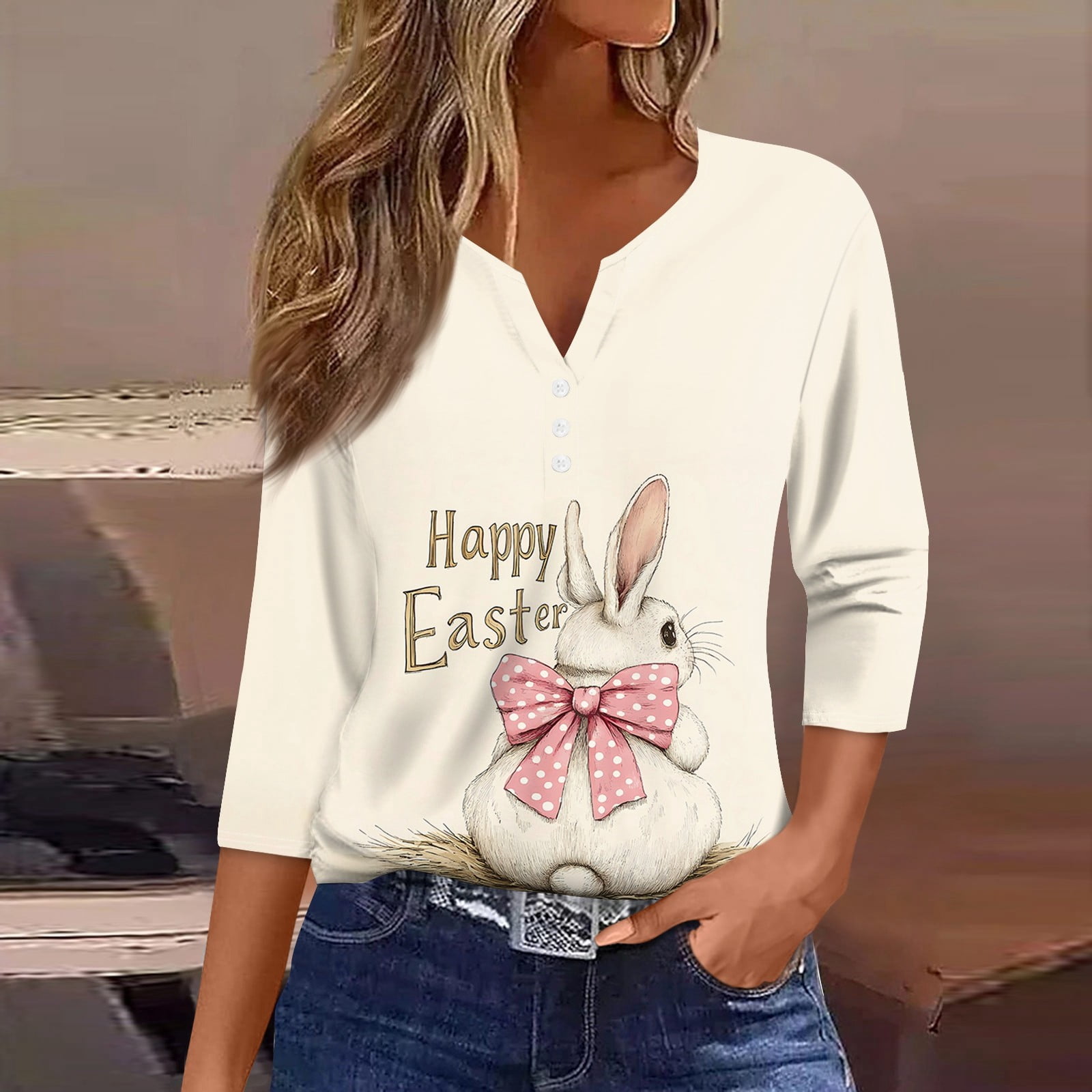 HAVUITYY Women's Easter 3/4 Sleeve Sweaters, Crew Neck Printed Womens ...