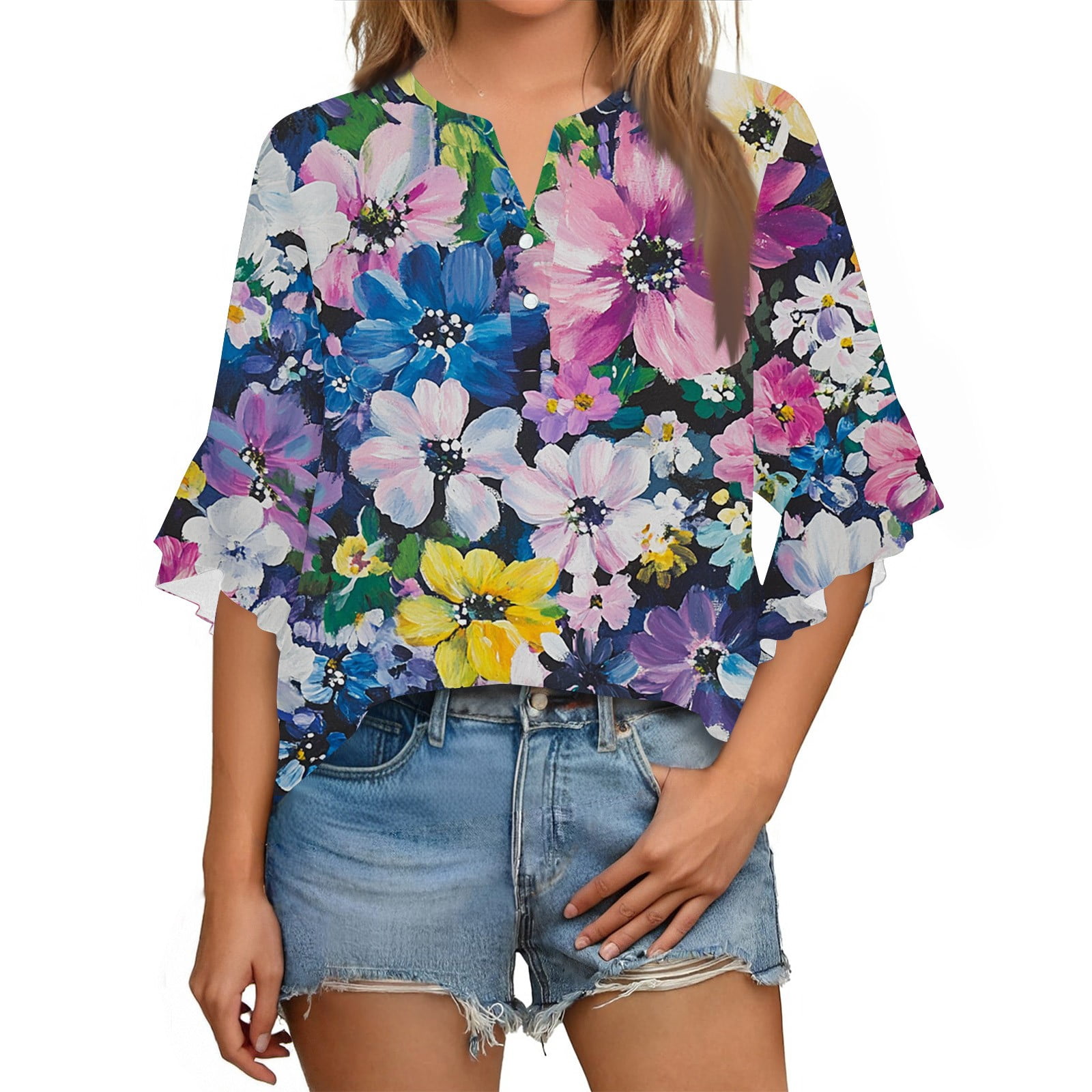 HAVUITYY Womens 3/4 Sleeve Tops, Vintage Floral Print Ruffle Summer ...