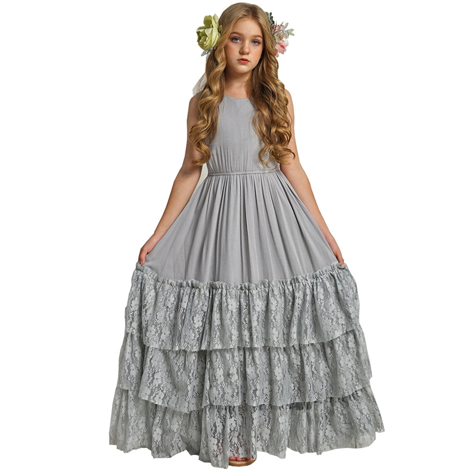 HAWEE Girls Lace Dress Full-Length Backless Tulle Dress Kids Party ...