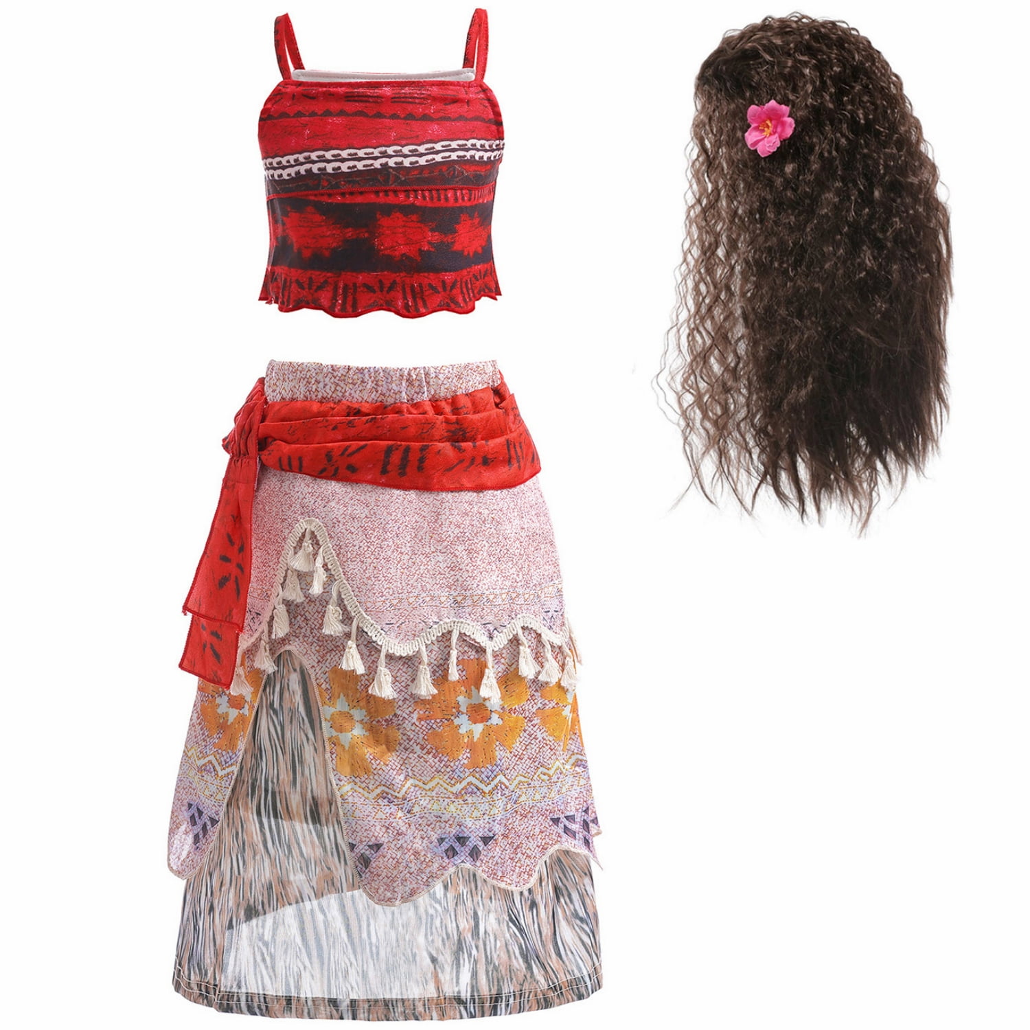 HAWEE Girls Moana Costume with Wig Dress up Princess Adventure Costume ...
