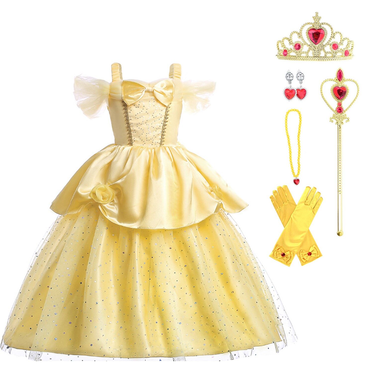 HAWEE Girls Off Shoulder Sequin Belle Princess Yellow Costume Tulle ...