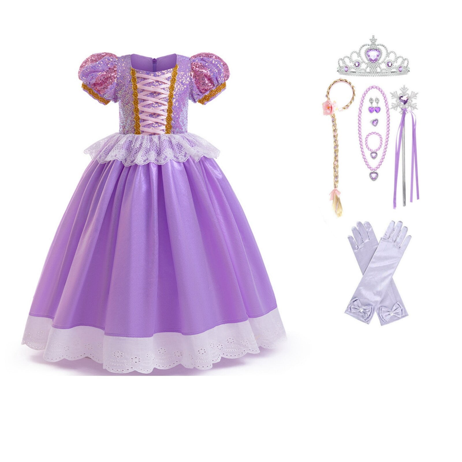 HAWEE Girls Rapunzel Costume Kids Puff Sleeve Purple Sequins Dress Up ...