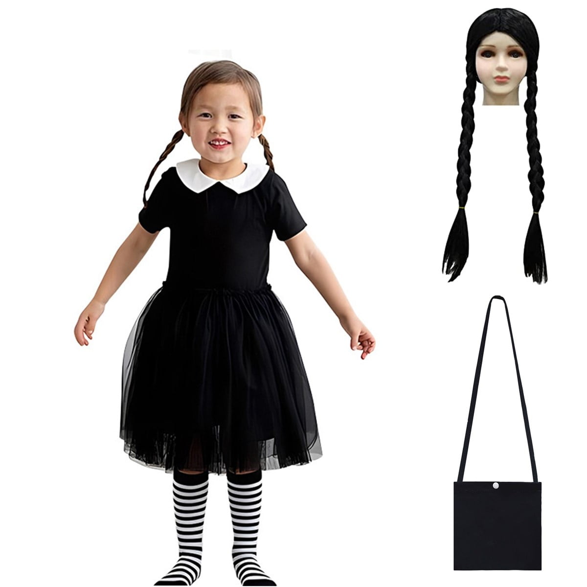 HAWEE Halloween Black Costume Girls Black Dress Peter Pan Collar Dress ...