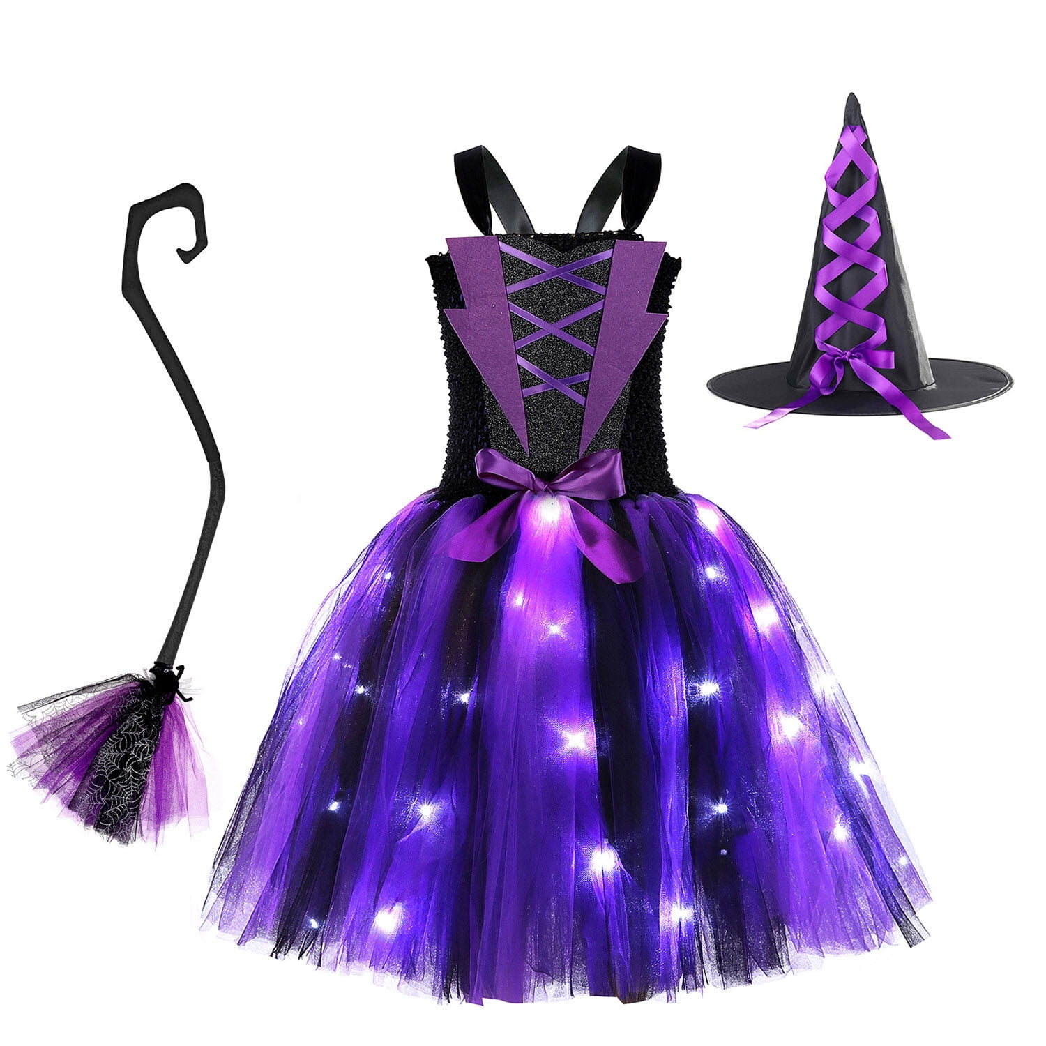 HAWEE Light up Witch Dress Halloween Girls Purple Witch Costume Party ...