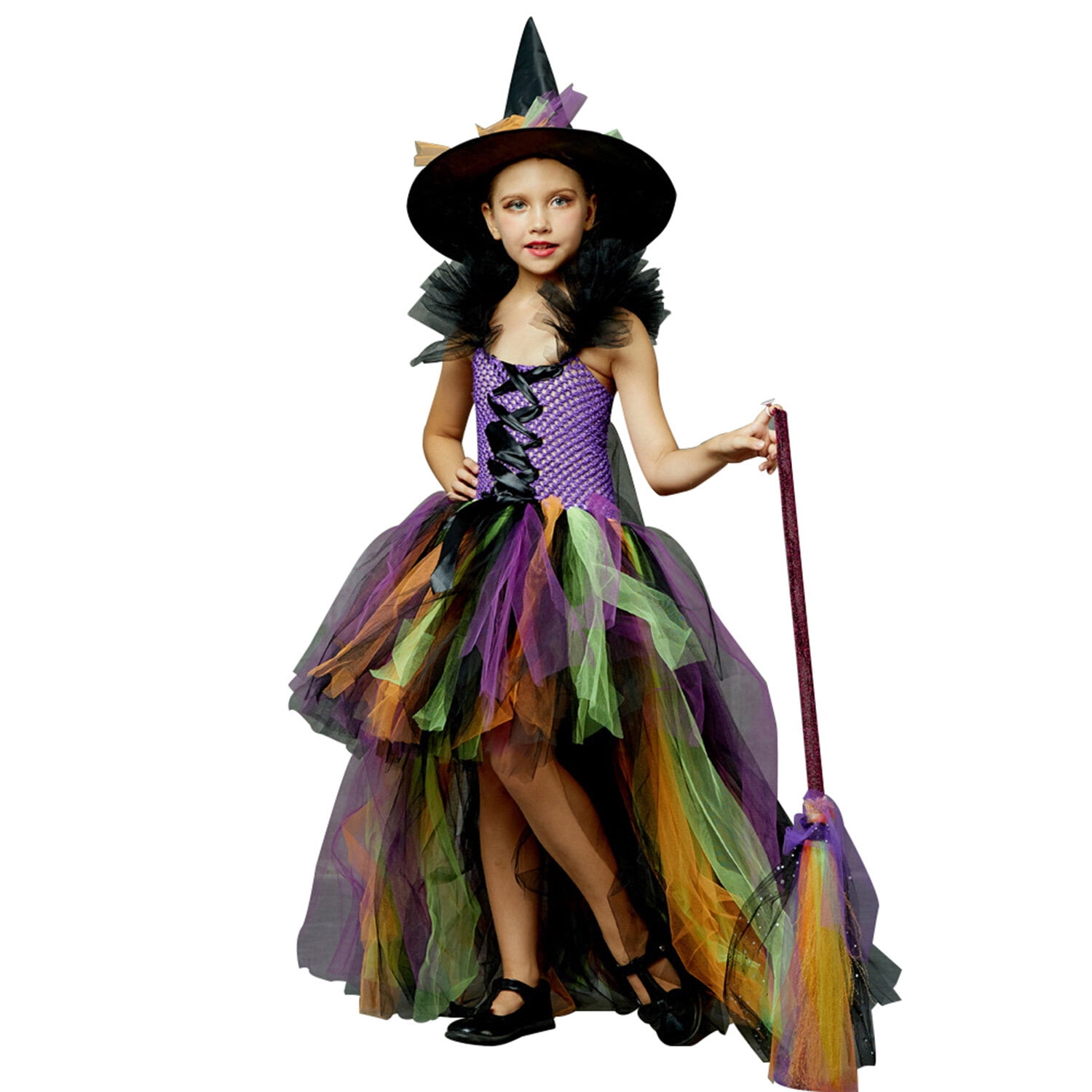 HAWEE Little Girls Witch Dress Kids Party Dress with Hat & Broom ...