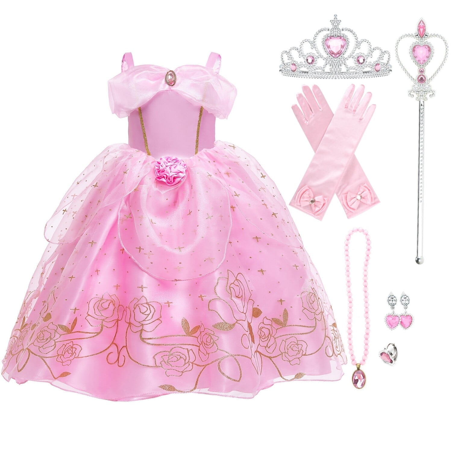 HAWEE Little Girls Princess Costume, Fairy Pink Dress with Accessories ...