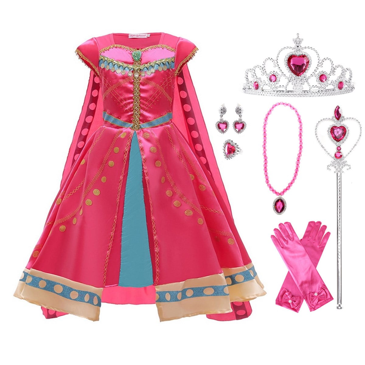 HAWEE Princess Rose Red Dress Jasmine Costume with Fancy Cape Red ...
