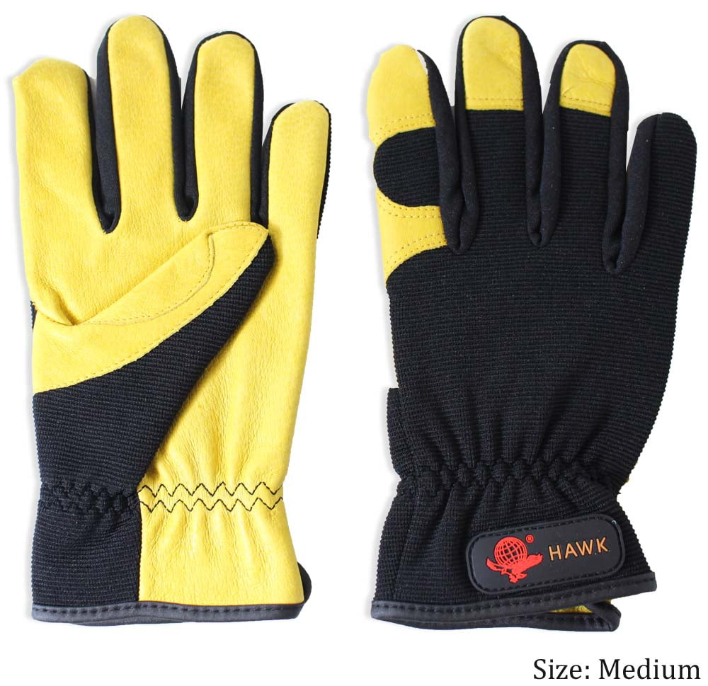 HAWK Men's Yellow Leather Gloves with Breathable Black Nylon Backs ...