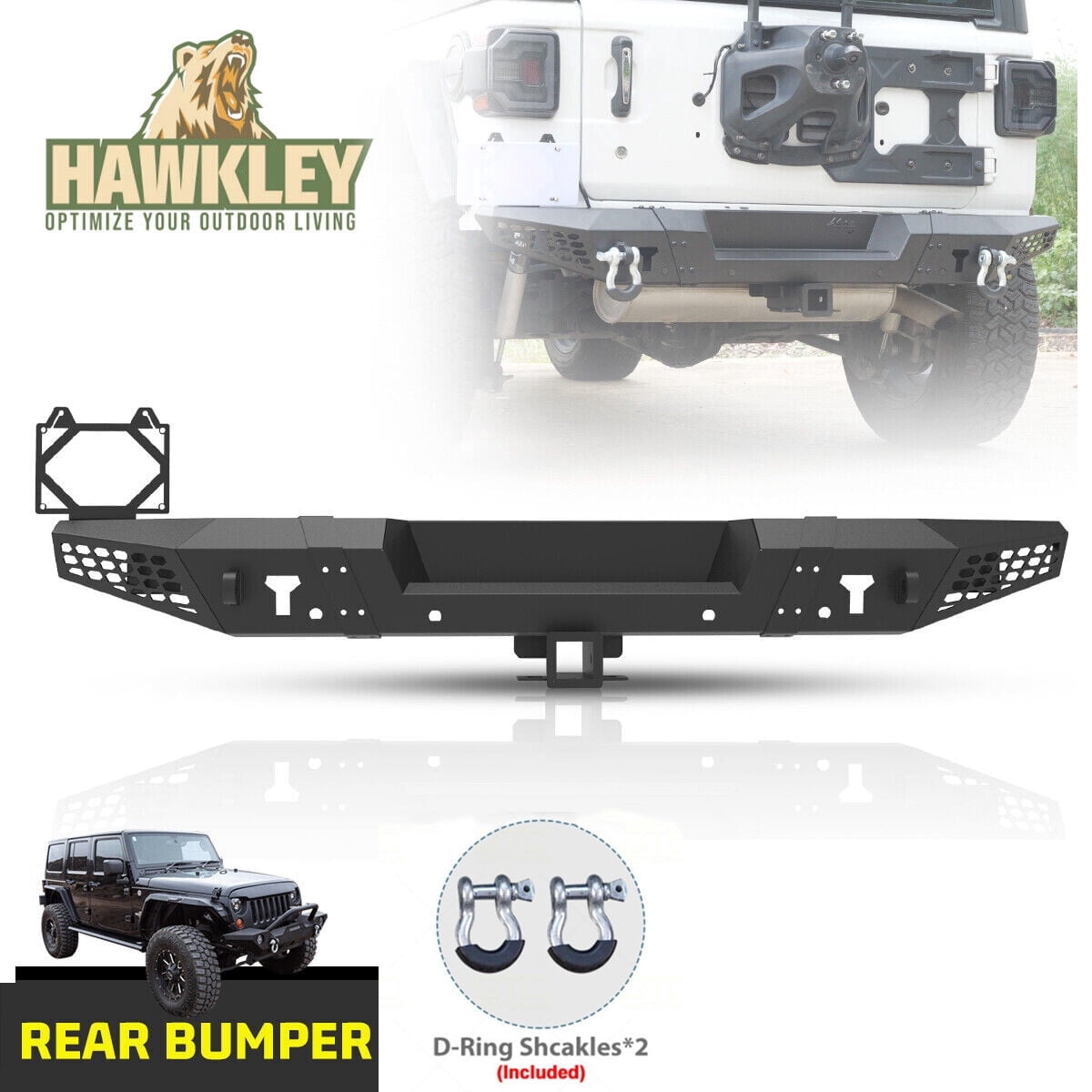 HAWKLEY Rear Bumper for 2018-2026 Jeep WRANGLER JL 2*D-Rings & License ...