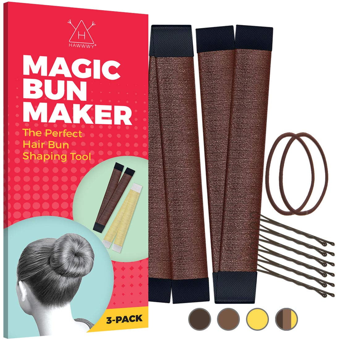 Hawwwy Brown Hair Bun Maker 2-Pack, Hair Ties, Bobby Pins, Easy Updo ...
