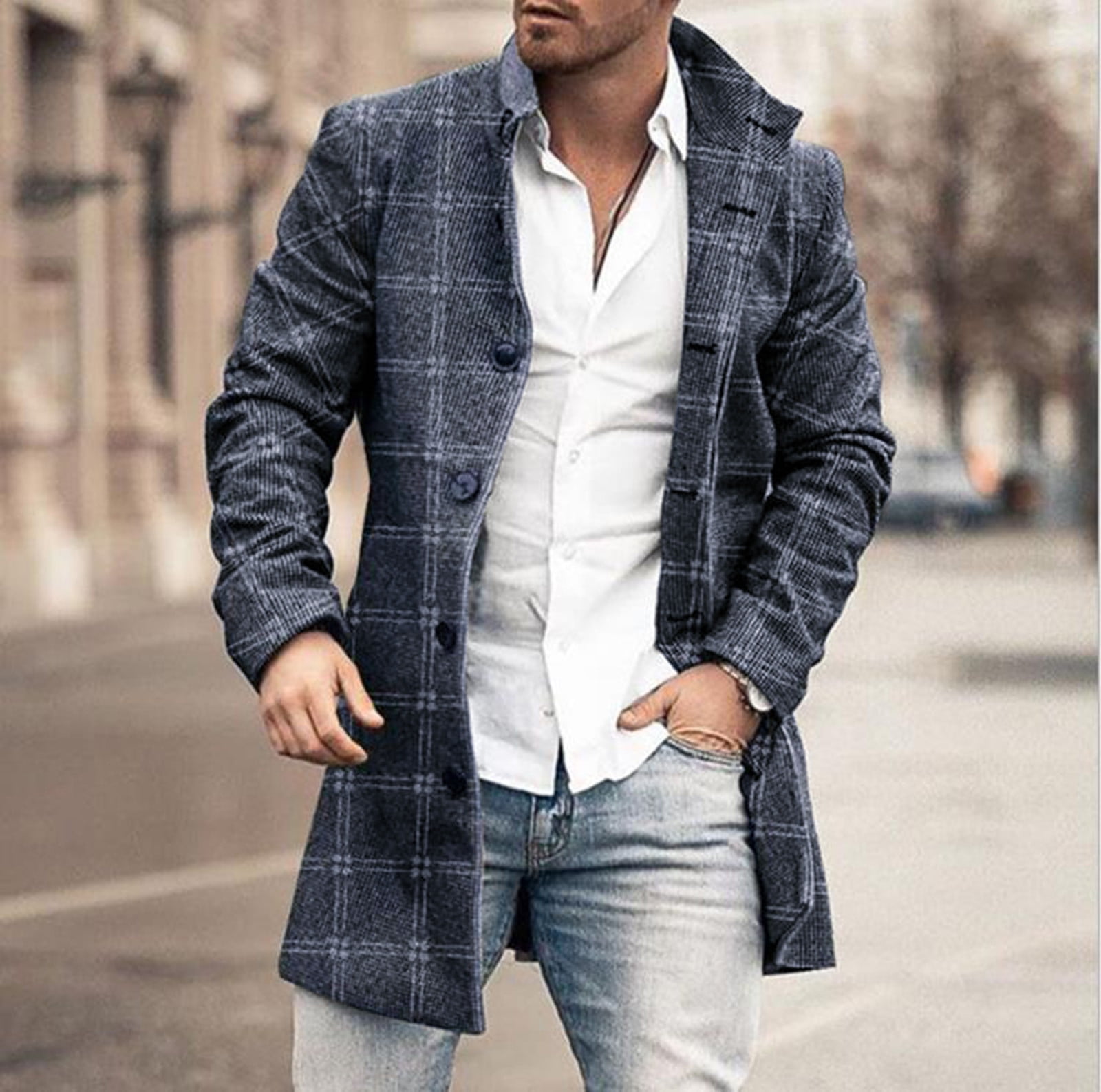 HAXMNOU Men Wool Coat Winter Trench Coats Long Sleeve Button Up Jacket ...
