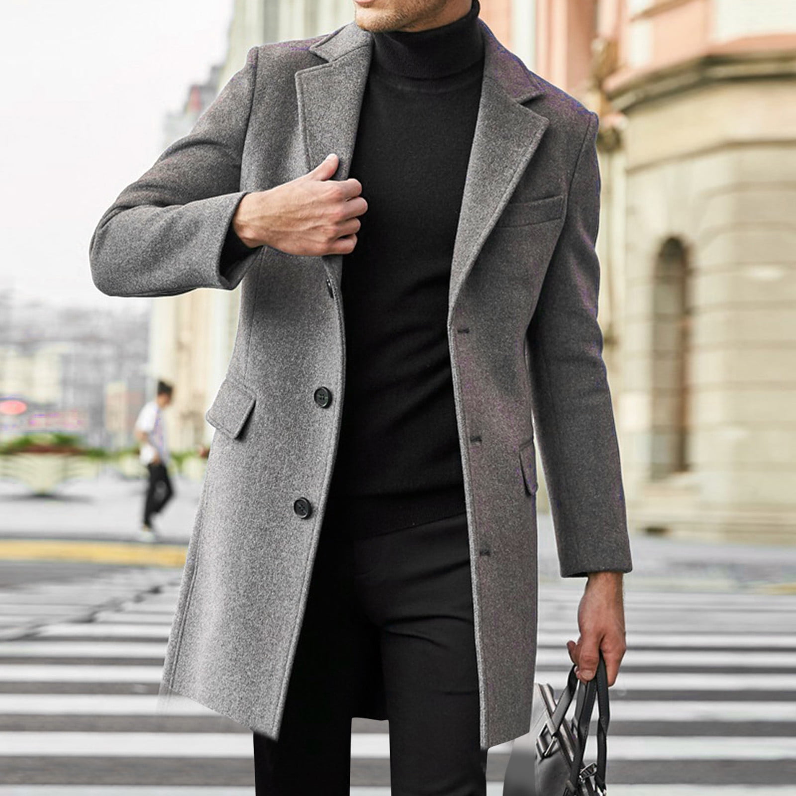 HAXMNOU Men's Classic Notched Collar Single Wool Blend Pea Coat Grey M ...