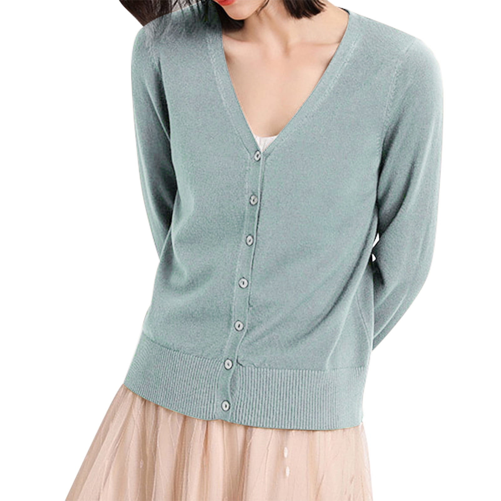 HAXMNOU Women's Long Sleeve Crewneck Cropped Button Down Cardigan ...